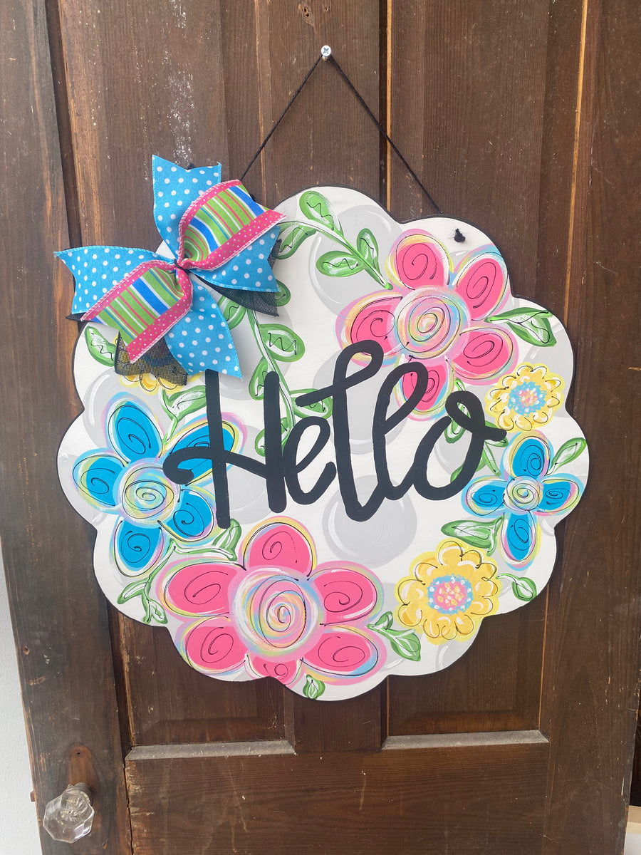 Hello Scalloped Floral Door Hanger, Plaque – Whims & Wishes