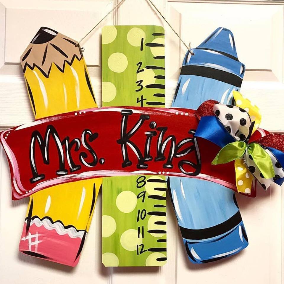 School Teacher Door Hanger, Ruler Pencil Crayon Painted Teacher GIft ...